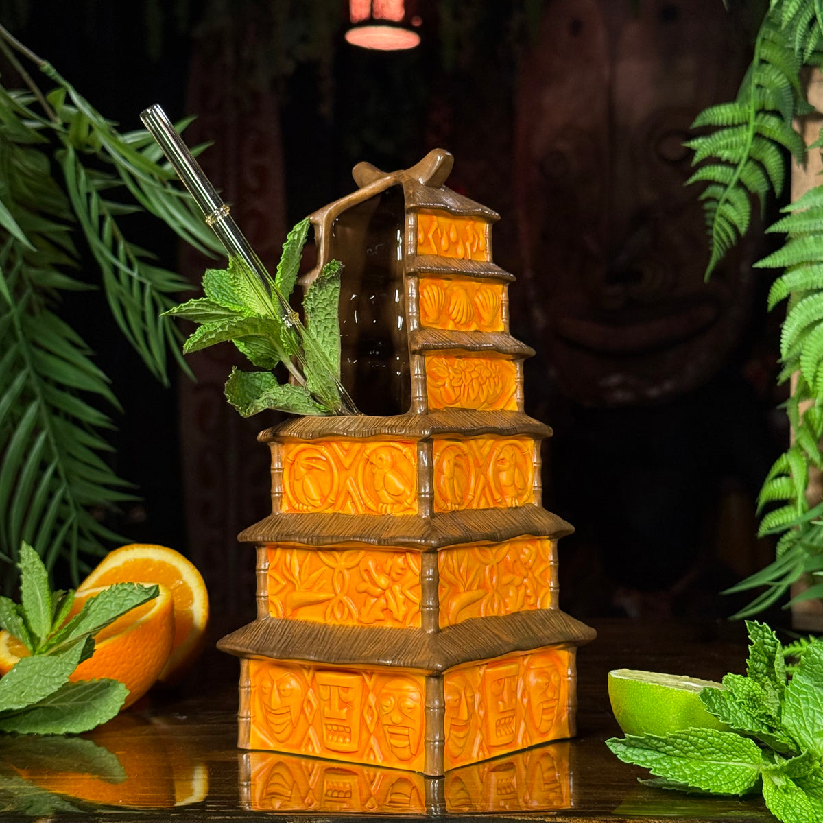 Enchanted Tiki Pagoda (Orange) - Ceramic Tiki Mug – Tikiland Trading Co.